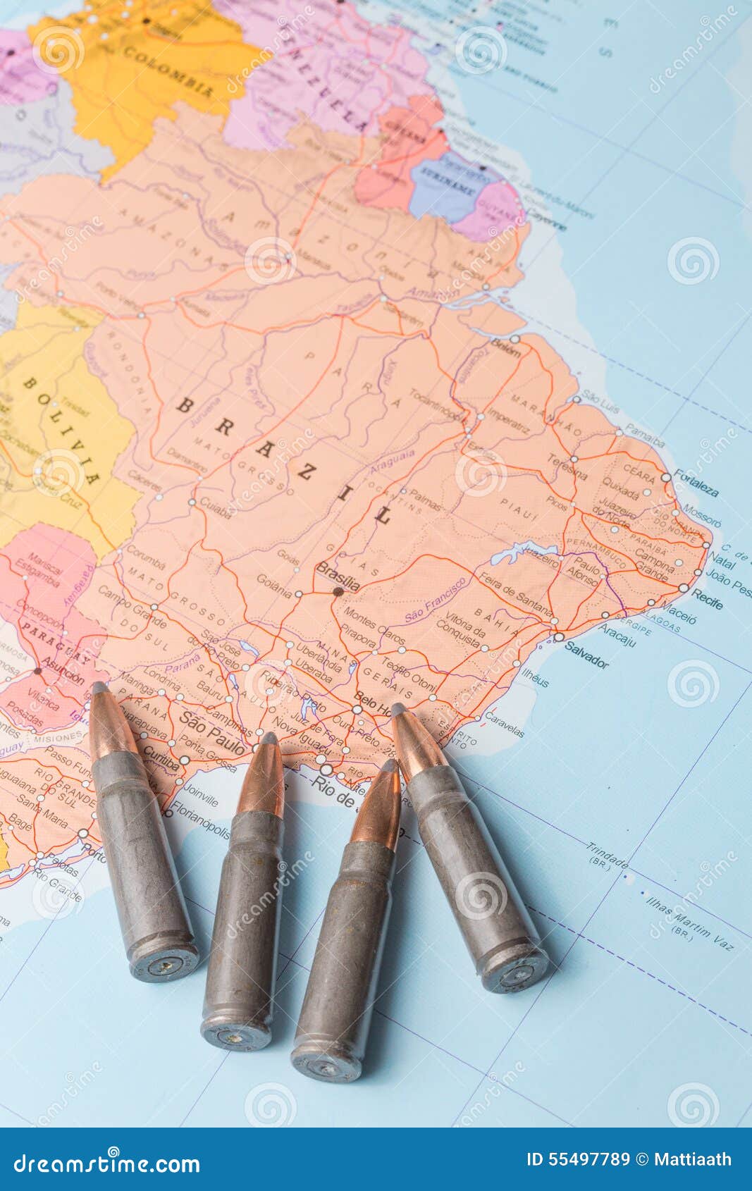 Bullets on the Map of Brazil Stock Image - Image of bullet, paper: 55497789