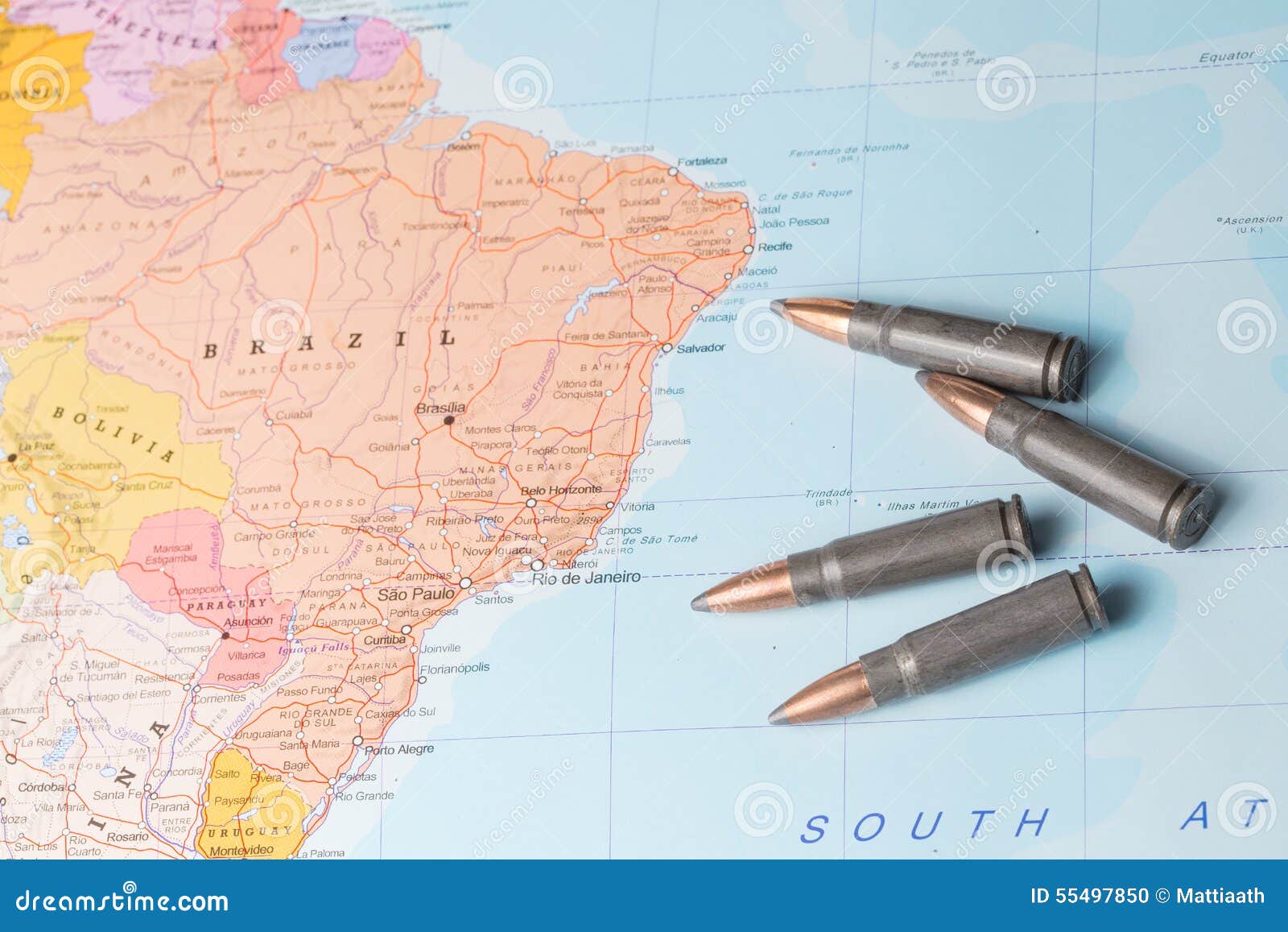 Bullets on the Map of Brazil Stock Photo - Image of military, city ...