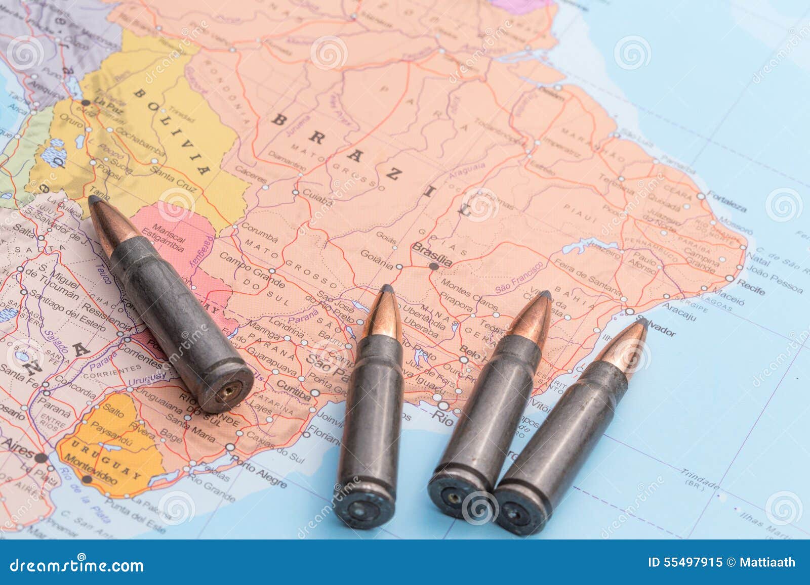Bullets on the Map of Brazil Stock Image - Image of danger, military ...