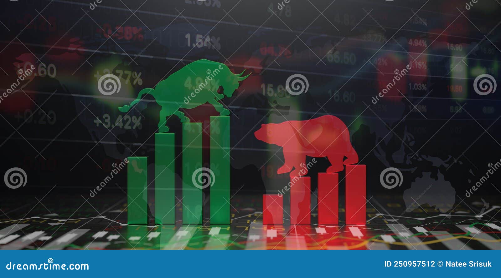 Bullish and Bearish Stock Market 3D Render Stock Illustration ...