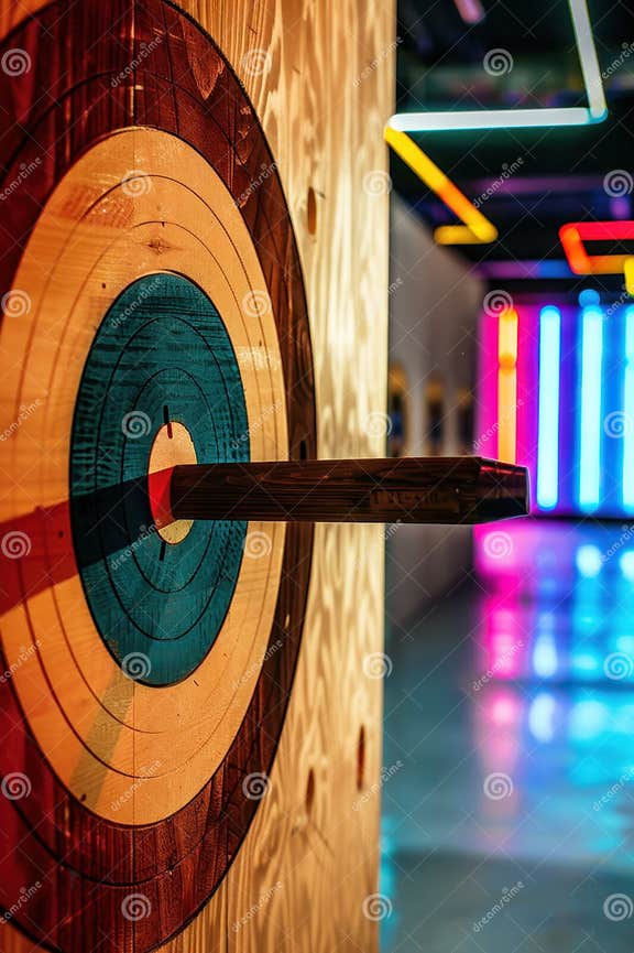 Bullseye on Archery Target in Neon-lit Indoor Range Stock Illustration ...