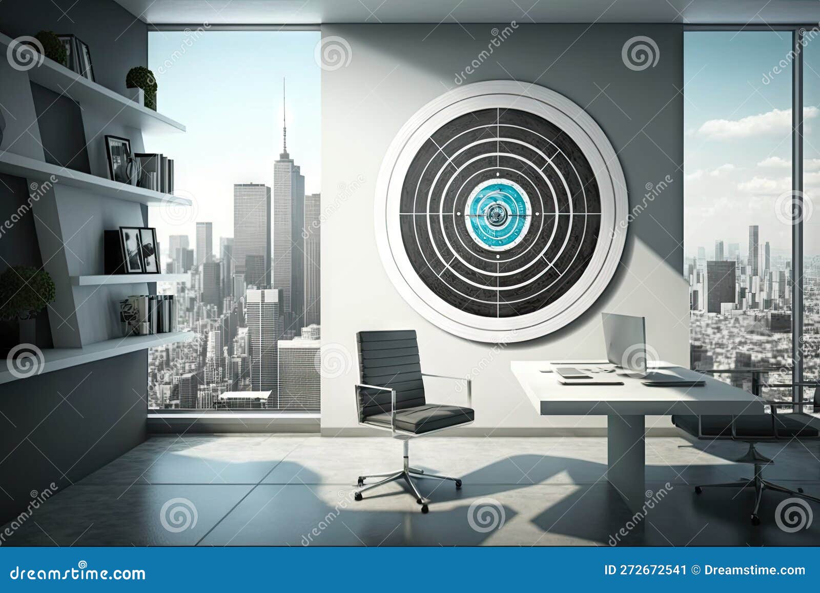 Bullseye Target on the Wall of Office with a View of City Skyline Stock ...