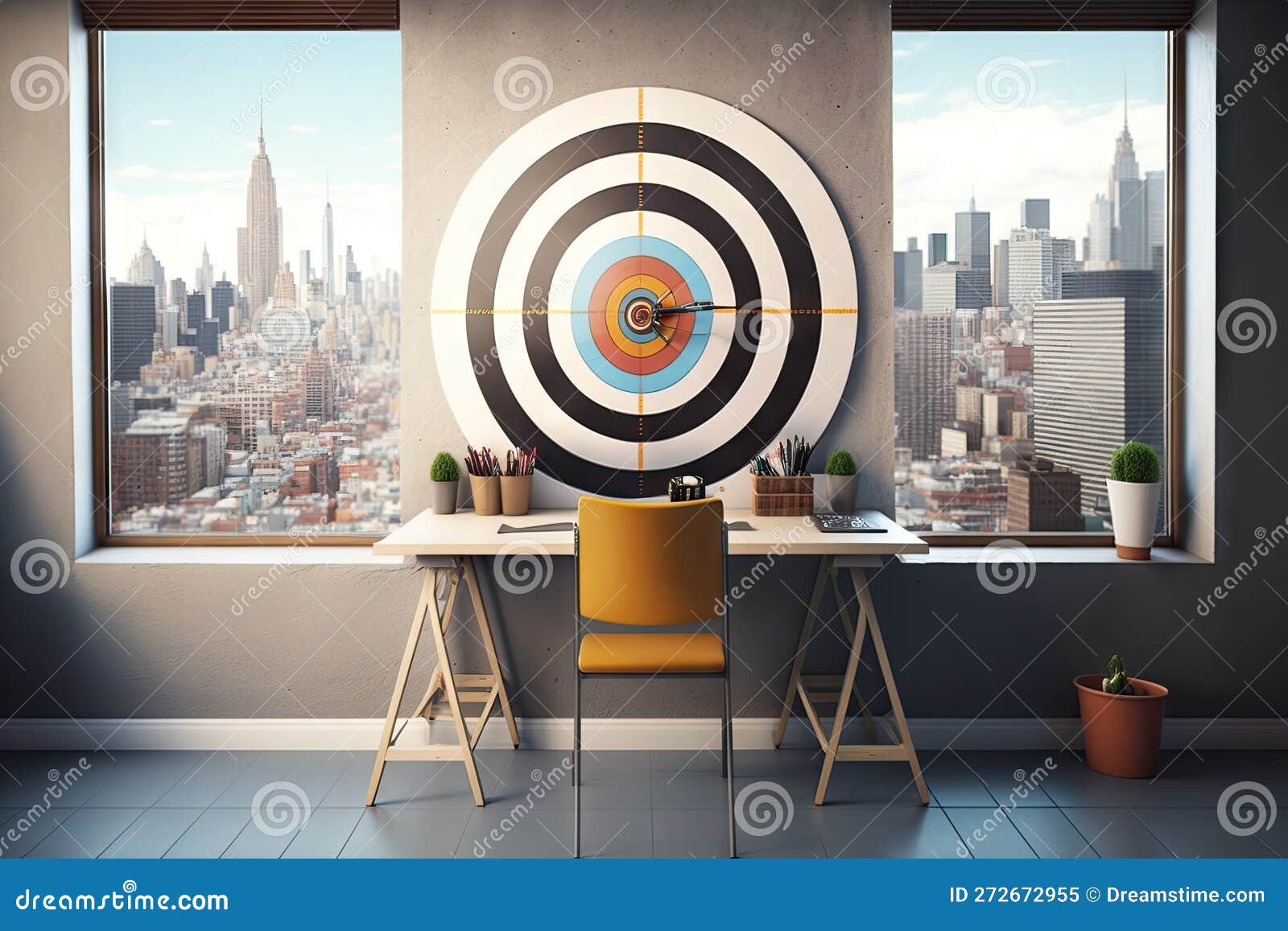 Bullseye Target on a Wall in Office, with View of the City Skyline ...