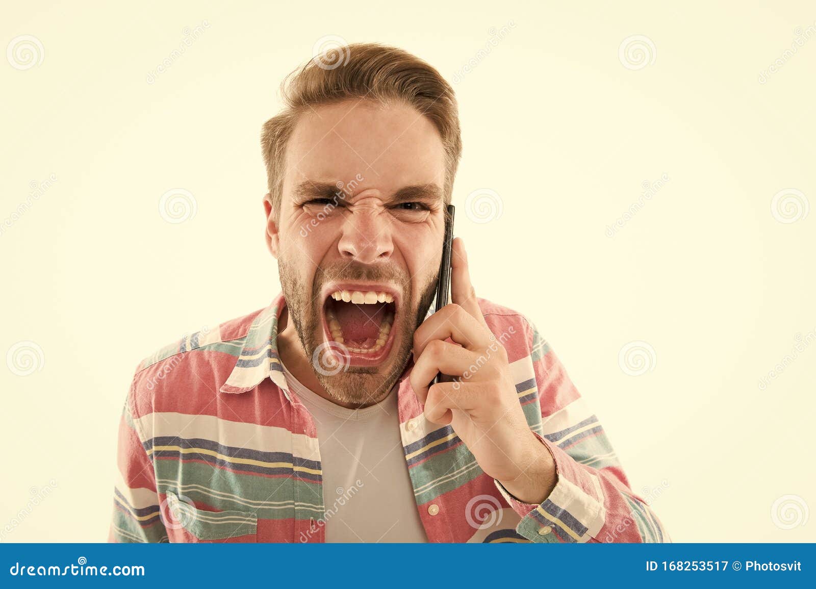 Bully Manners. Ignorant Man Shouting Mobile Conversation Close Up. Guy ...