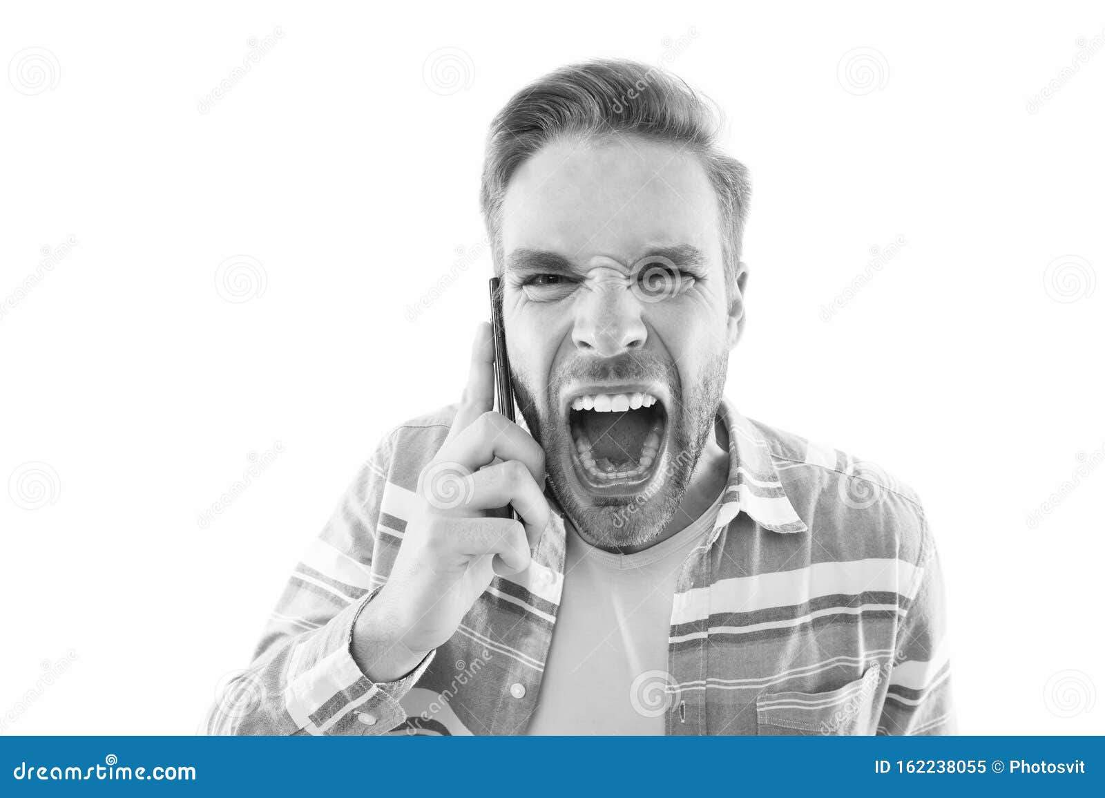 Bully Manners. Ignorant Man Shouting Mobile Conversation Close Up. Guy ...