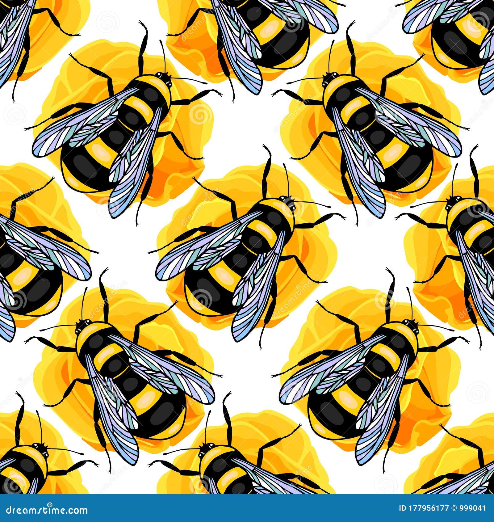 Bumblebee Insect Seamless Pattern and Rose Flowers. Eps10 Vector Stock ...