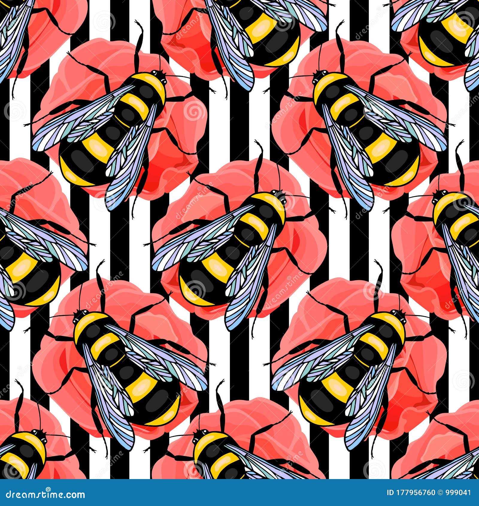 Bumblebee Insect Seamless Pattern and Rose Flowers. Eps10 Vector Stock ...