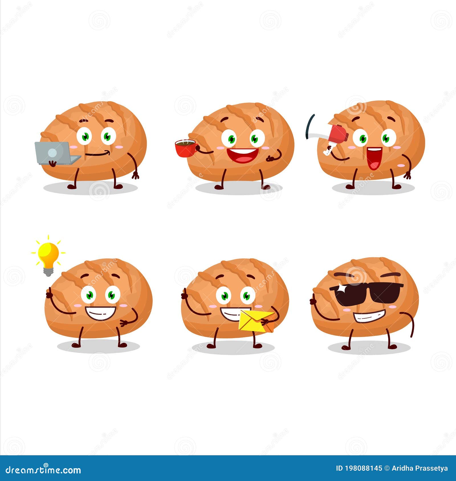 Bun Bread Cartoon Character with Various Types of Business Emoticons ...