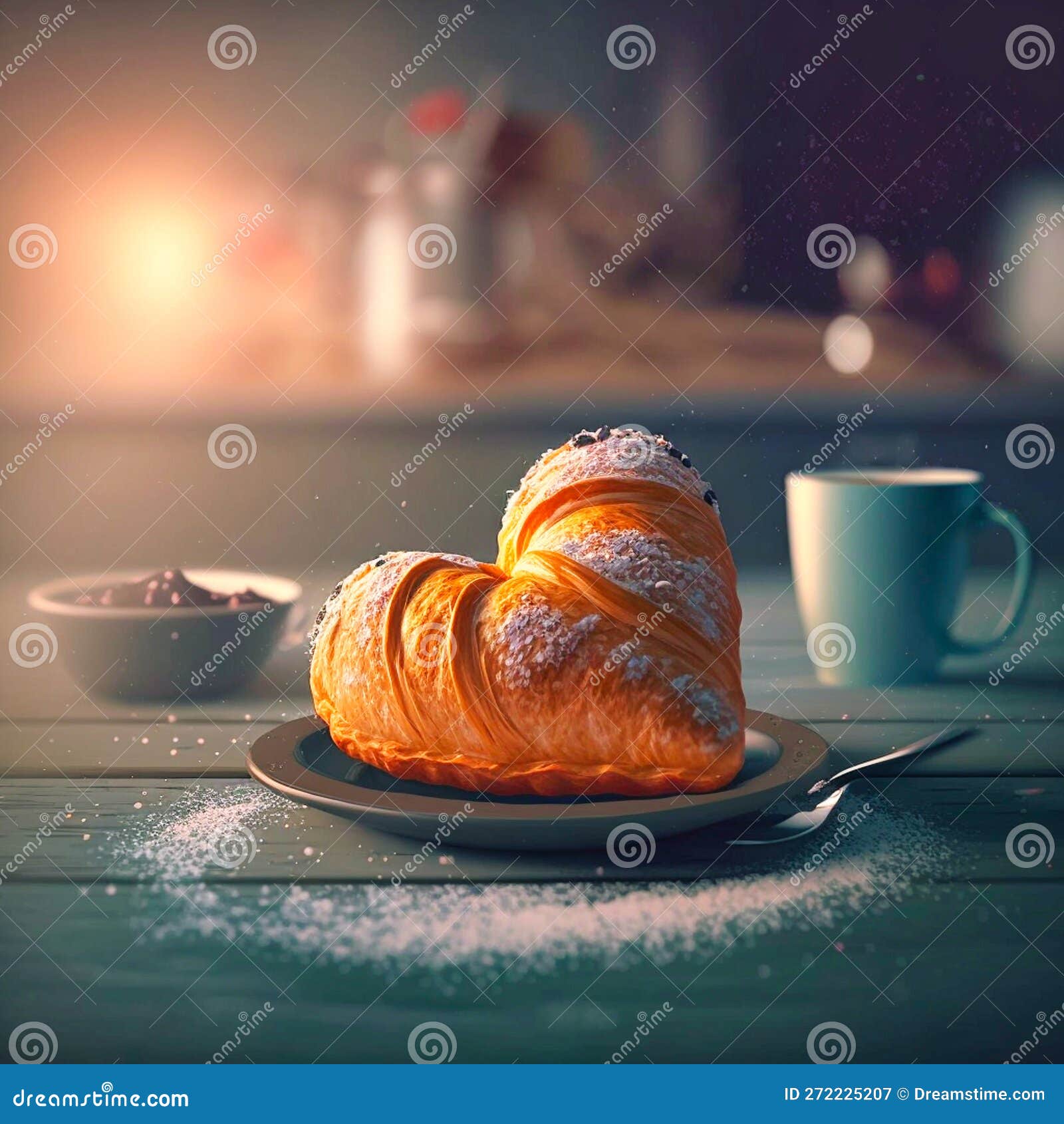 Bun or Heart-shaped Croissant with Sugar and Coffee, Generative AI ...
