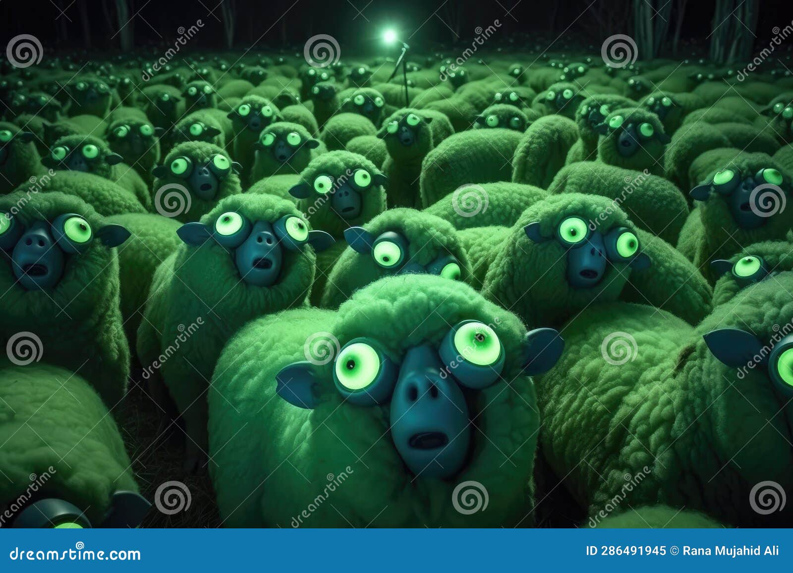Bunch of Alien Creature Sheep are in a Field with a Green Light, AI ...