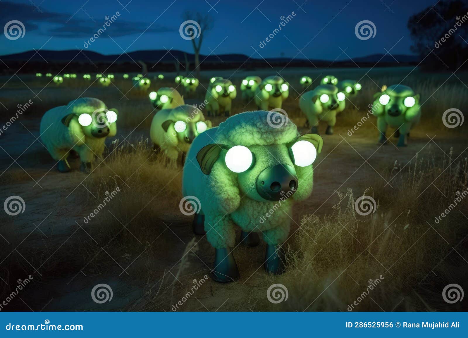 Bunch of Alien Creature Sheep are in a Field with a Green Light, AI ...
