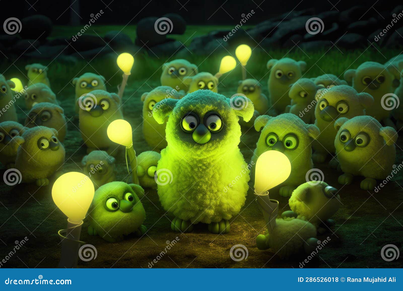Bunch of Alien Creature Sheep are in a Field with a Green Light, AI ...