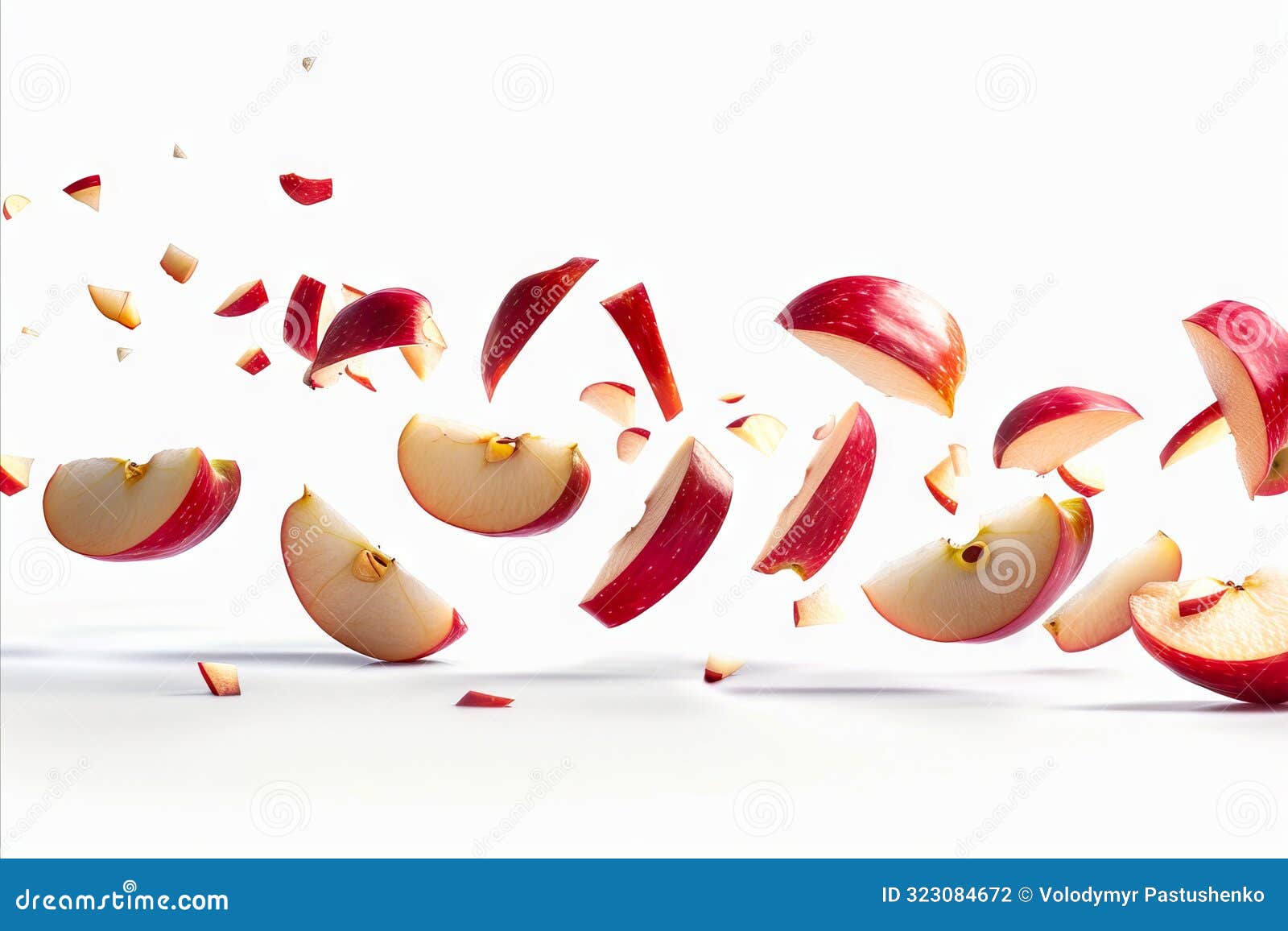 A Bunch of Apple Slices Falling Down on a White Background Stock Photo ...