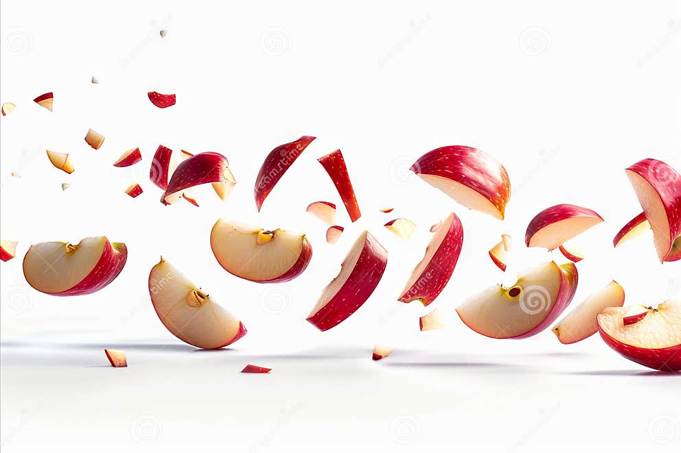 A Bunch of Apple Slices Falling Down on a White Background Stock Photo ...