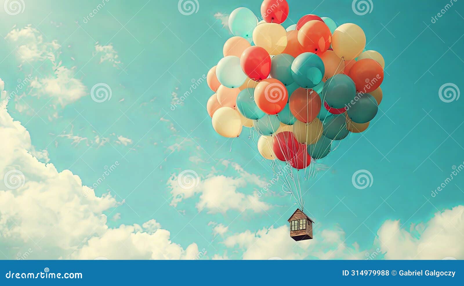 Bunch of Balloons Flying with House in the Sky Attatched with String ...