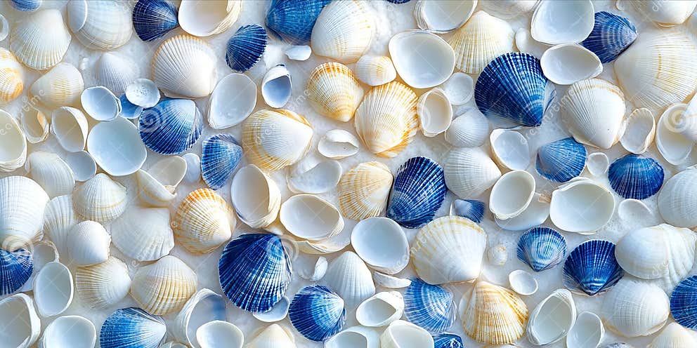 A Bunch of Blue and White Seashells on a White Surface Stock Photo ...