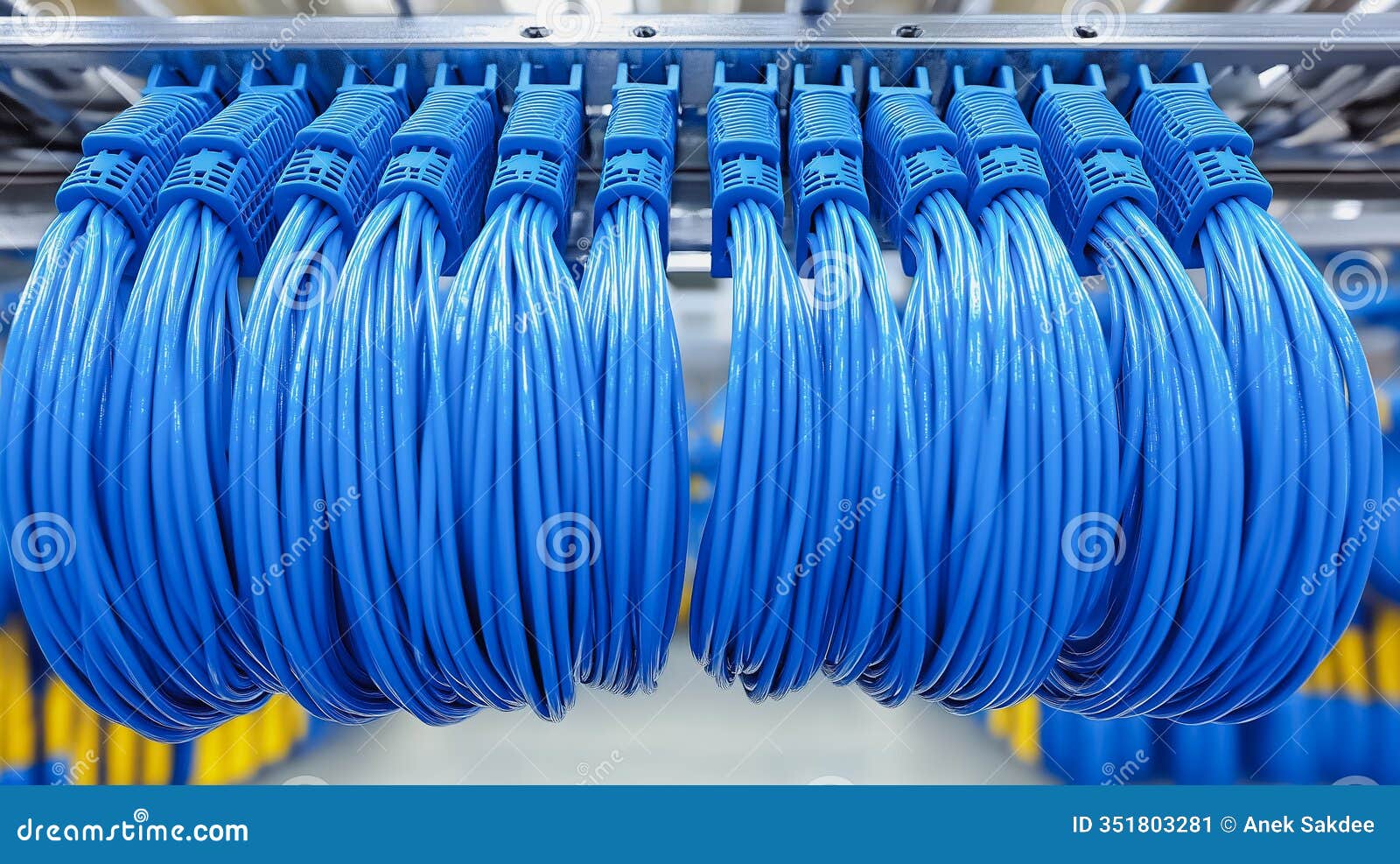 A Bunch of Blue and Yellow Cables Hanging from the Ceiling. the Blue ...