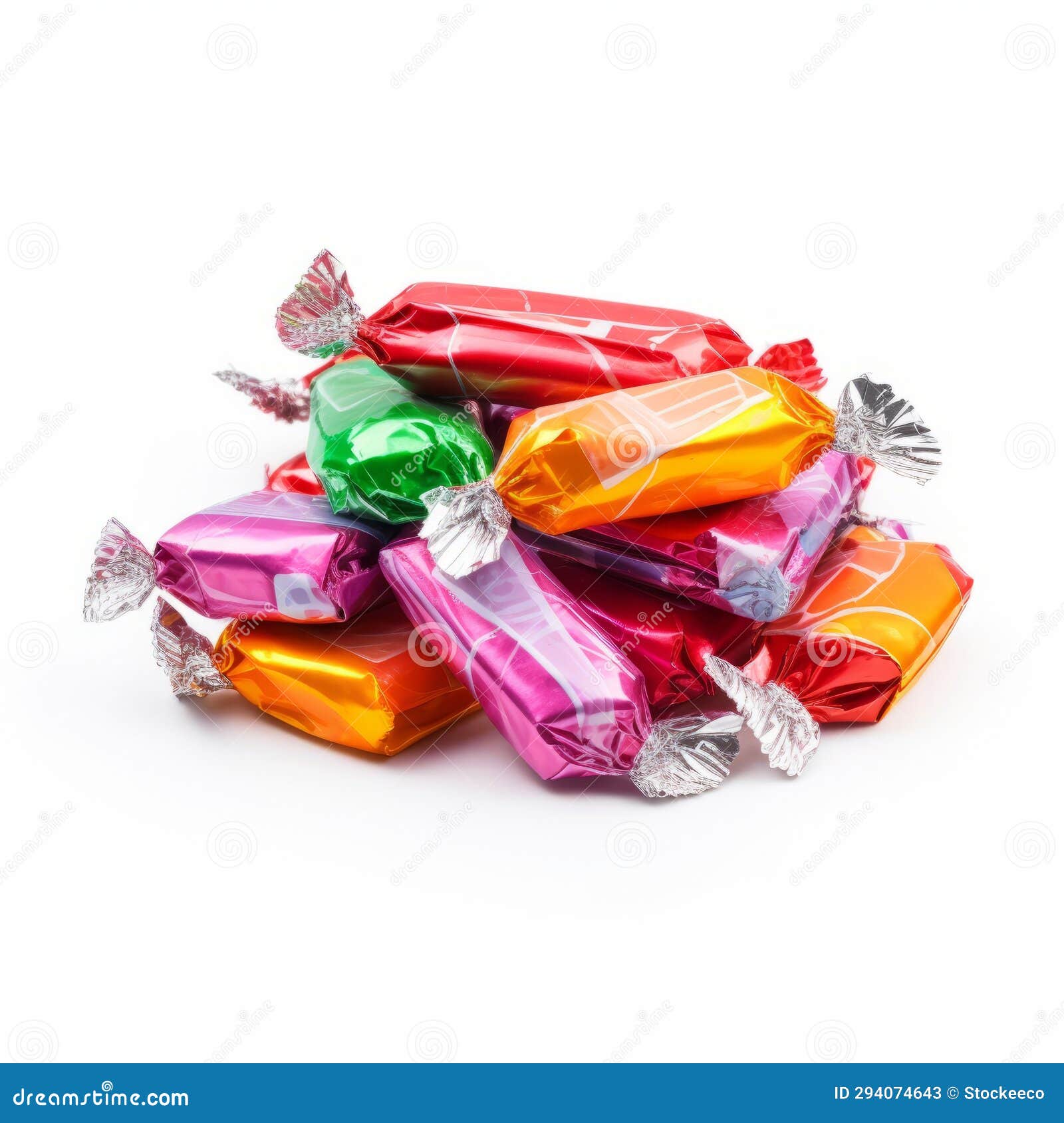 Sleek Metallic Finish: Colorful Plastic Wrapped Candies on White ...