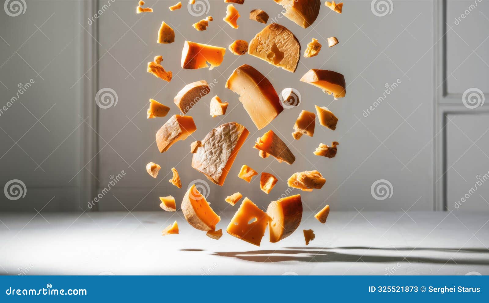 A Bunch of Cheese Falling from a Table Onto the Floor, AI Stock Image ...