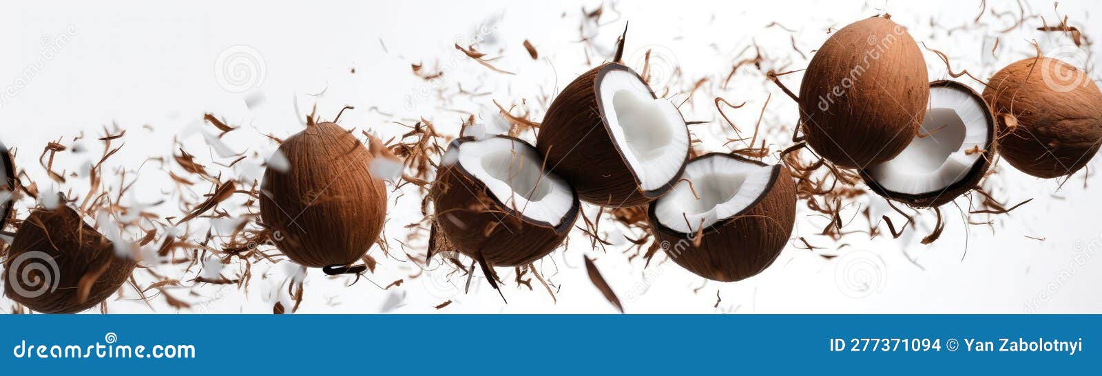 A Bunch of Coconut Flying in the Airon White Background Wde Panoramic ...