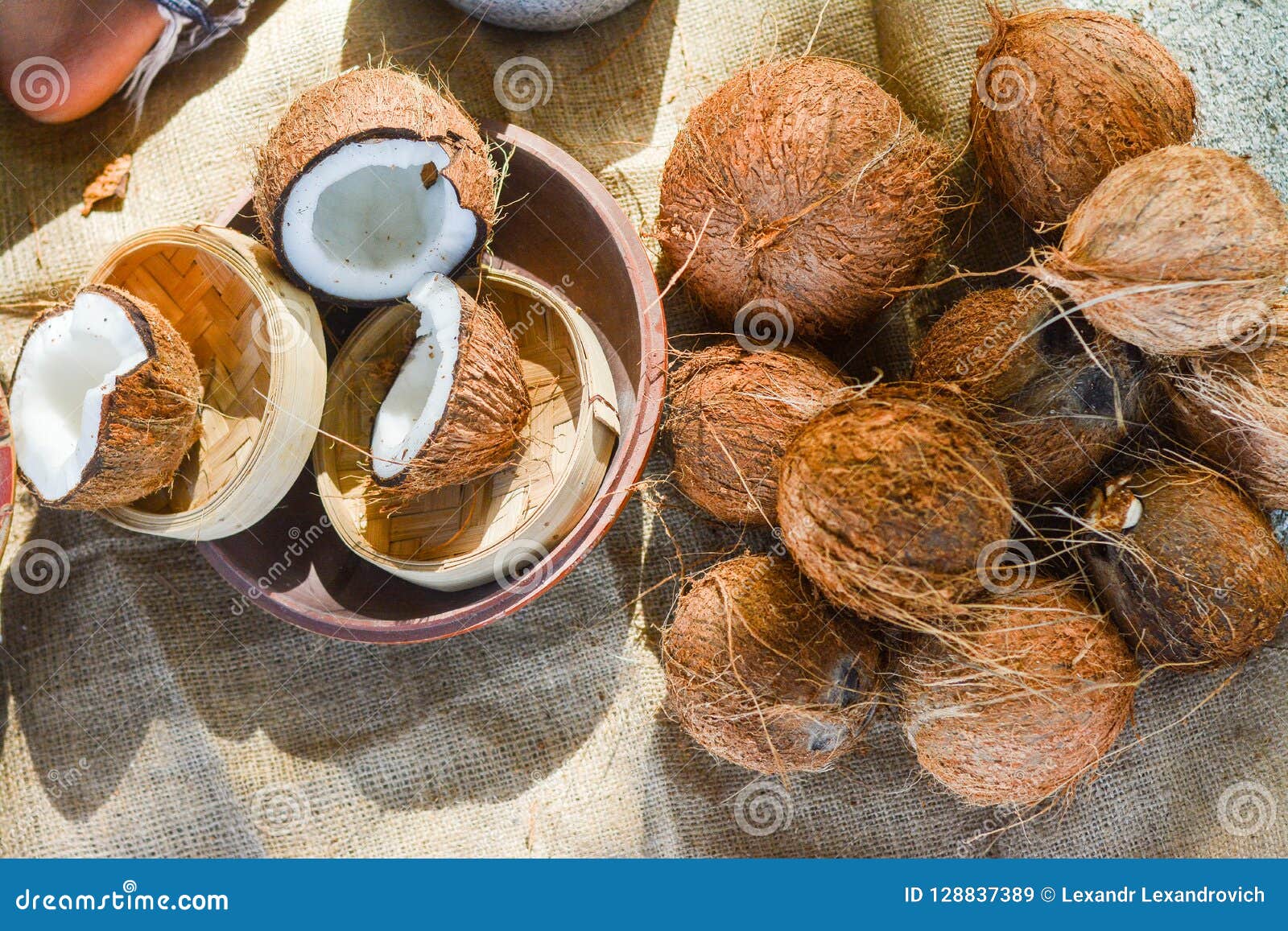 Bunch of Coconuts in the Bowl and on the Table Stock Image - Image of ...