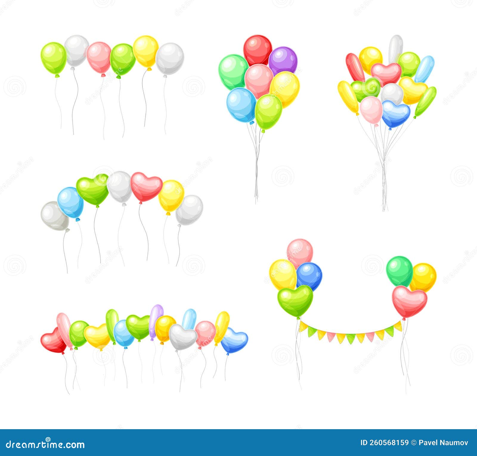 Bunch Of Colorful Balloons Inflated With Helium On Strings Vector Set