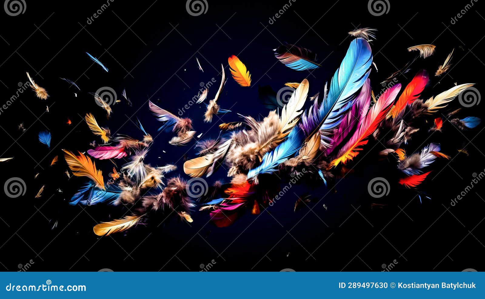Bunch of Colorful Feathers Flying in the Air on Black Background with ...