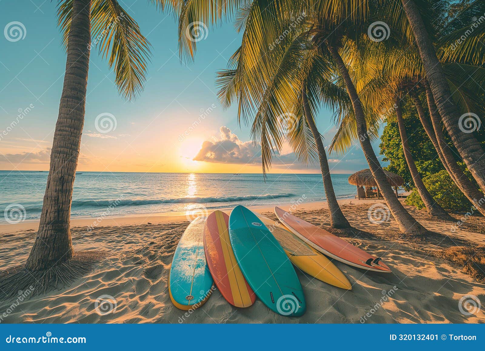 A Bunch of Colorful Surfboards Lean Against a Post on a Sandy Beach at ...