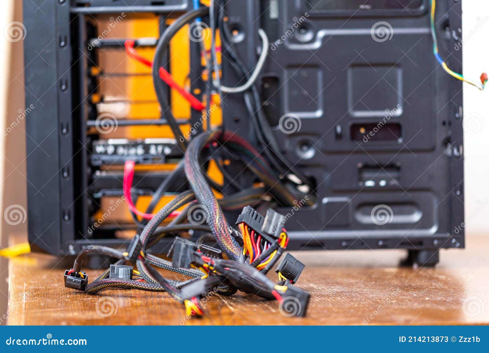 Bunch of Computer Wires Sticking Out from Opened Black Pc Case - Close ...
