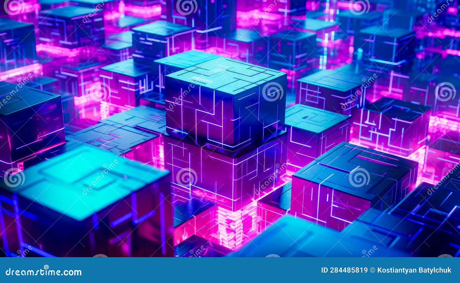 Bunch of Cubes that are in the Middle of Room with Pink and Blue Lights ...