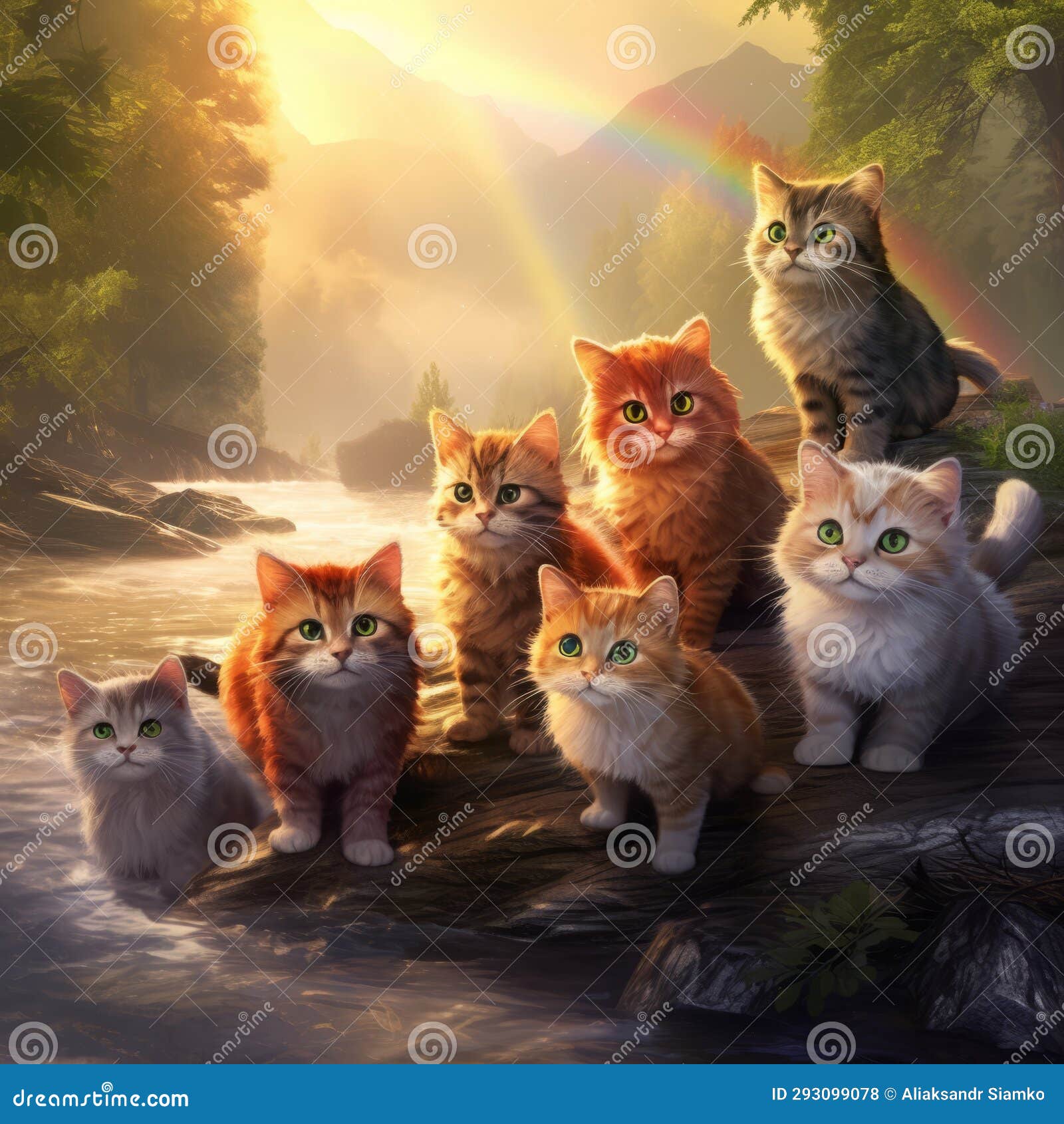 A Bunch of really Cute Cats by a Rainbow River Stock Illustration ...