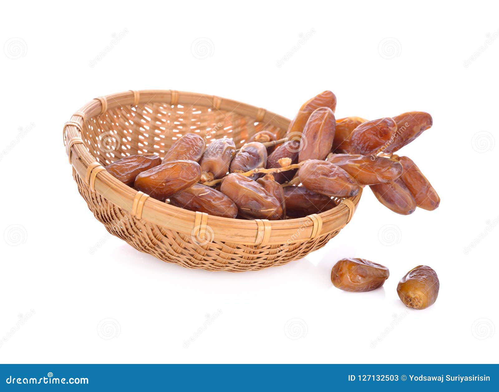 Bunch of Dates Fruit in Bamboo Basket and on White Background Stock ...