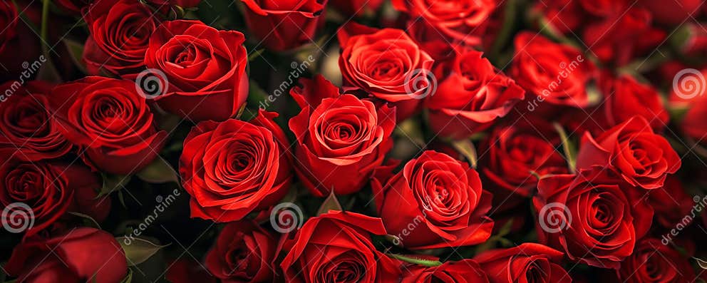 A Bunch of Deep Red Colored Roses, Top View, Wide Scale Image Stock ...