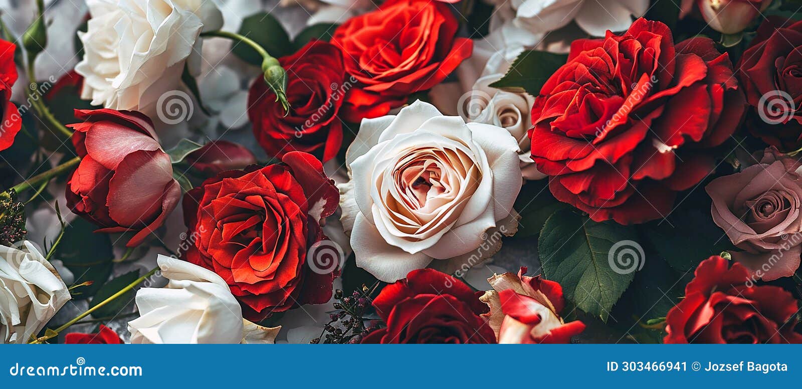 A Bunch of Deep Red and White Colored Roses, Top View, Wide Scale Image ...