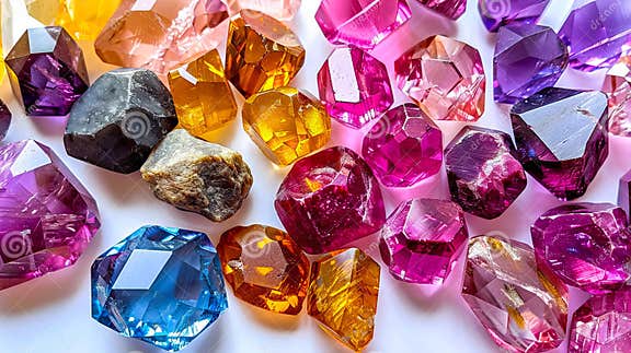A Bunch of Different Colored Gems on a White Surface Stock Image ...