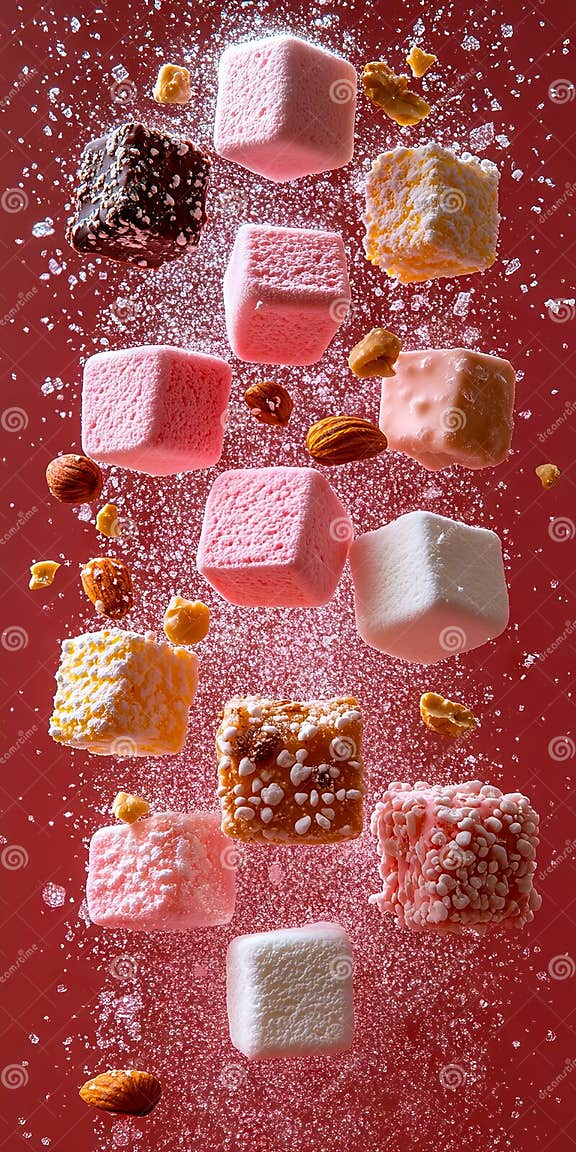 A Bunch of Different Types of Marshmallows and Nuts on a Red Background ...