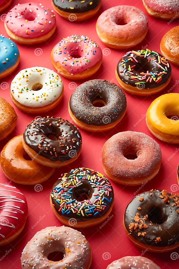 A Bunch of Donuts with Different Toppings on a Red Surface. Generative ...