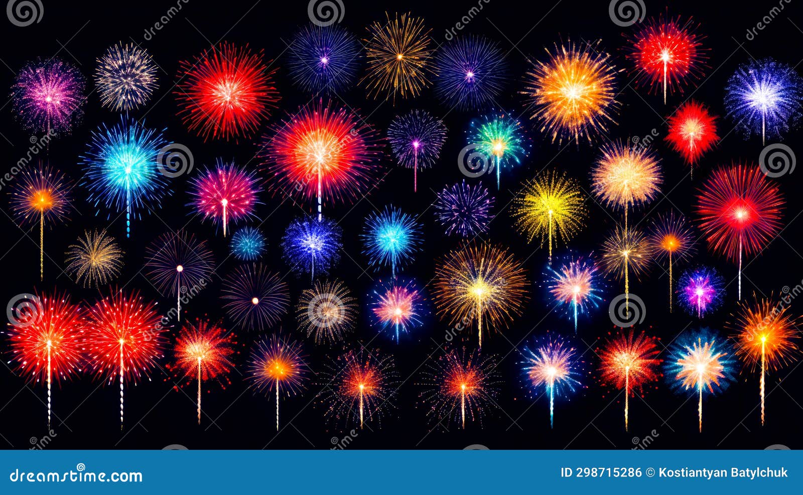 Bunch of Fireworks on Black Background with Blue Sky in the Background ...