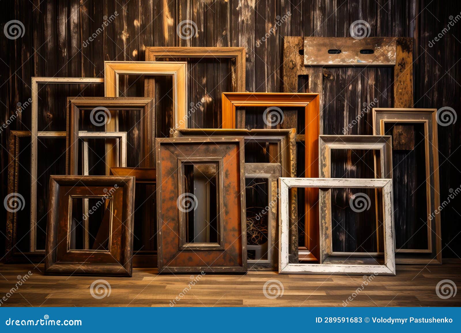 Bunch of Frames Sitting on Wooden Floor Next To Wall. Generative AI ...