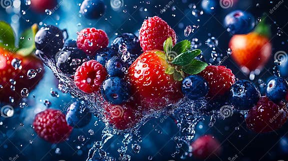 A Bunch of Fresh Berries Falling into the Water Stock Photo - Image of ...