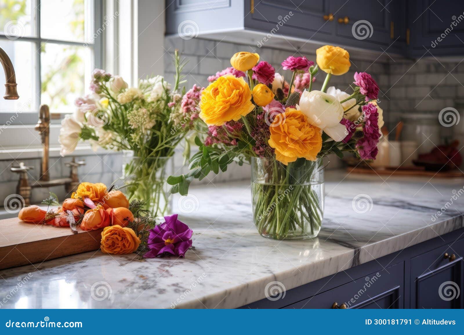 A Bunch of Fresh Flowers on a Marble Countertop in a Well-equipped ...