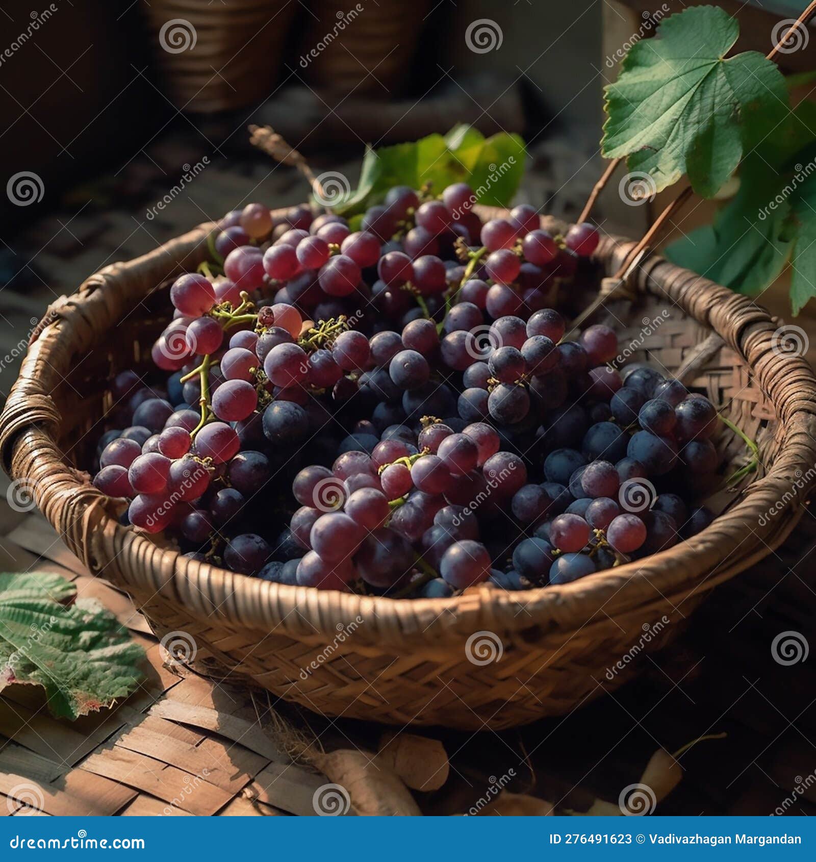 Bunch of Fresh Grapes Resting in a Rustic Woven Bamboo Basket Stock ...