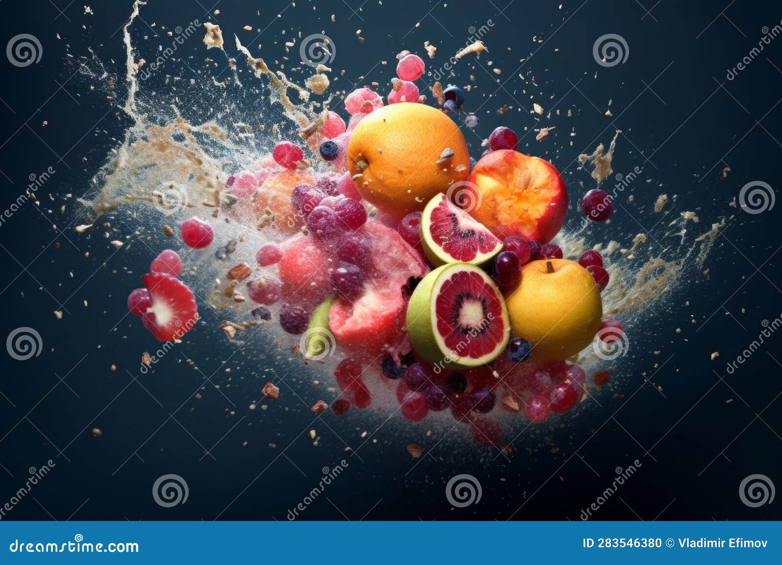 Bunch of Fruit Floating after Splash, Explosion is Depicted, Fall Down ...