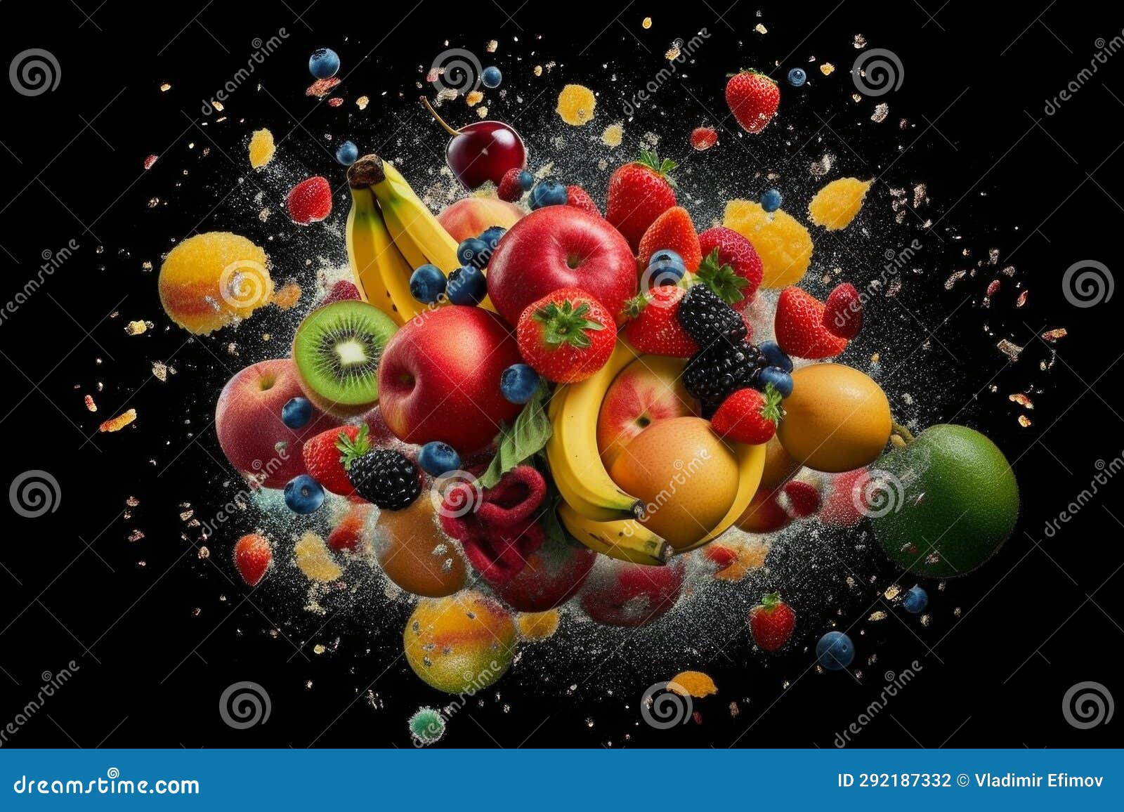 Bunch of Fruit Floating after Splash, Explosion is Depicted, Fall Down ...