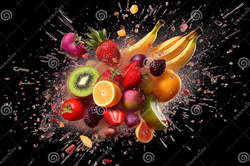 Bunch of Fruit Floating after Splash, Explosion is Depicted, Fall Down ...