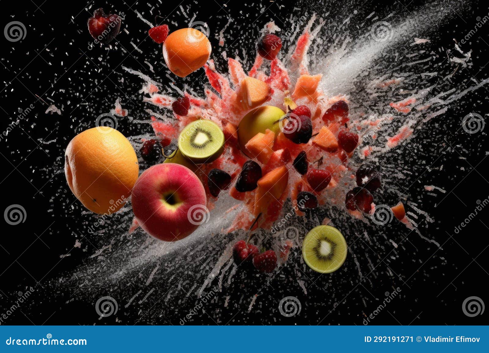 Bunch of Fruit Floating after Splash, Explosion is Depicted, Fall Down ...