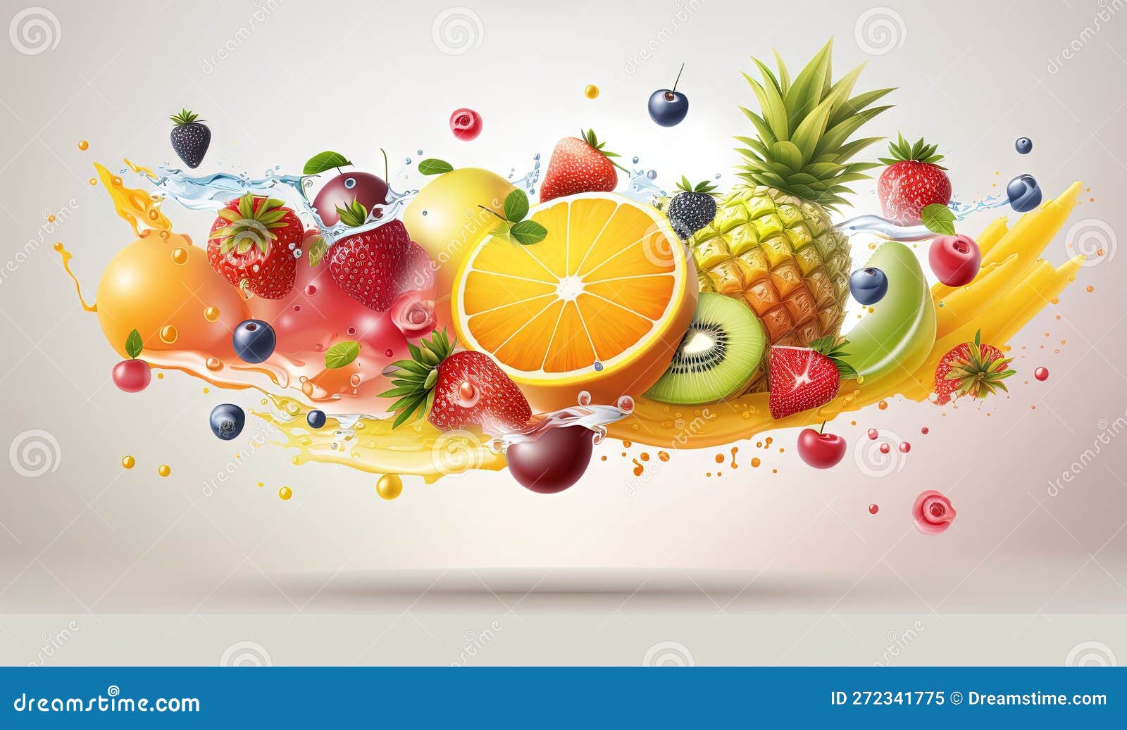 A Bunch of Fruit Flying through the Air with Splashes Stock ...