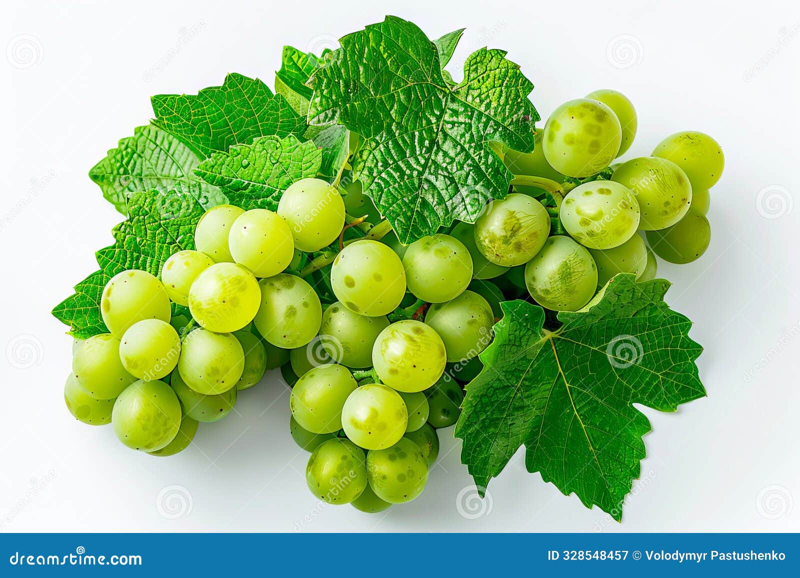 A Bunch of Green Grapes with Leaves on a White Background Stock Image ...
