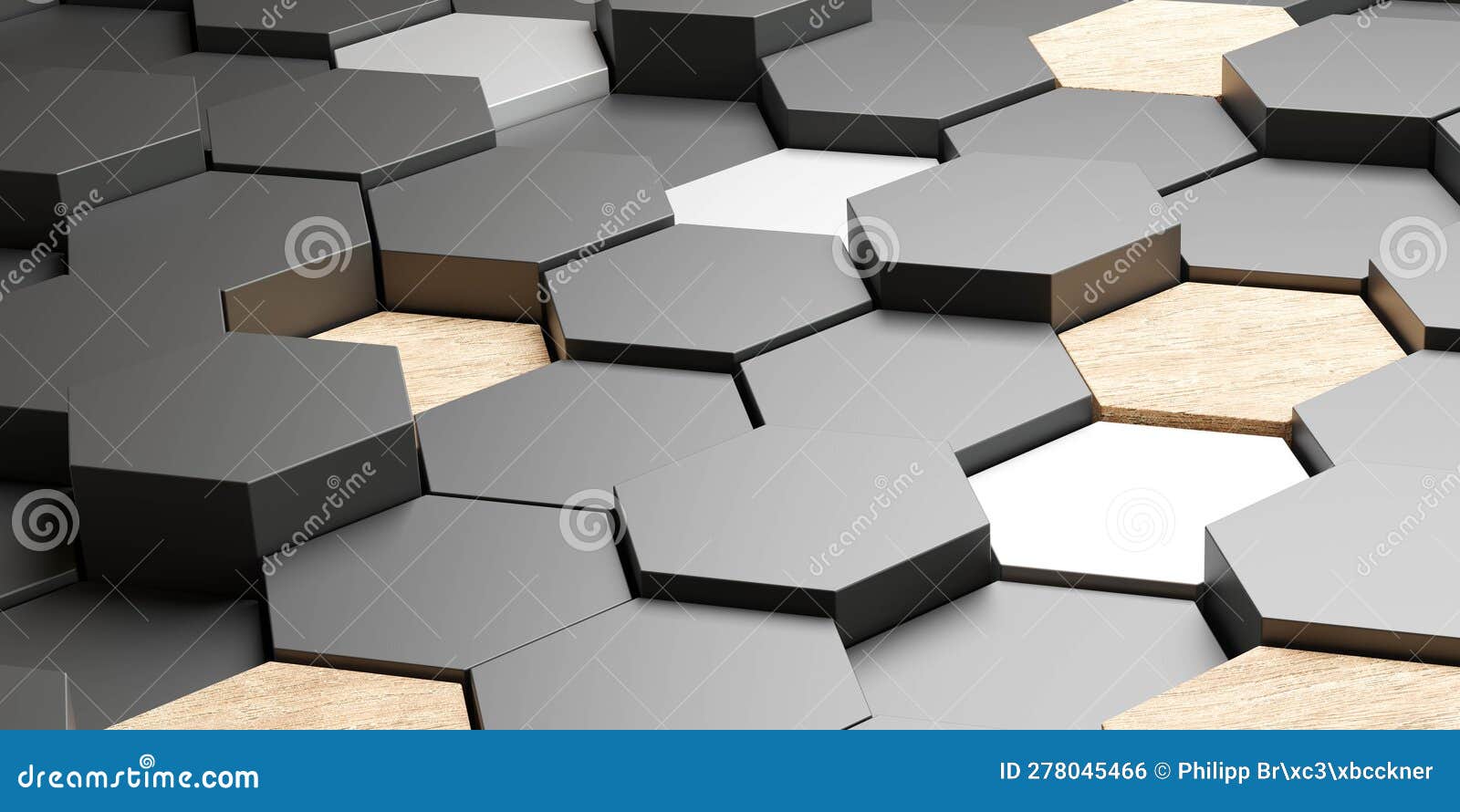 Black, Golden and Wooden Hexagonal Objects 3d Render Illustration ...