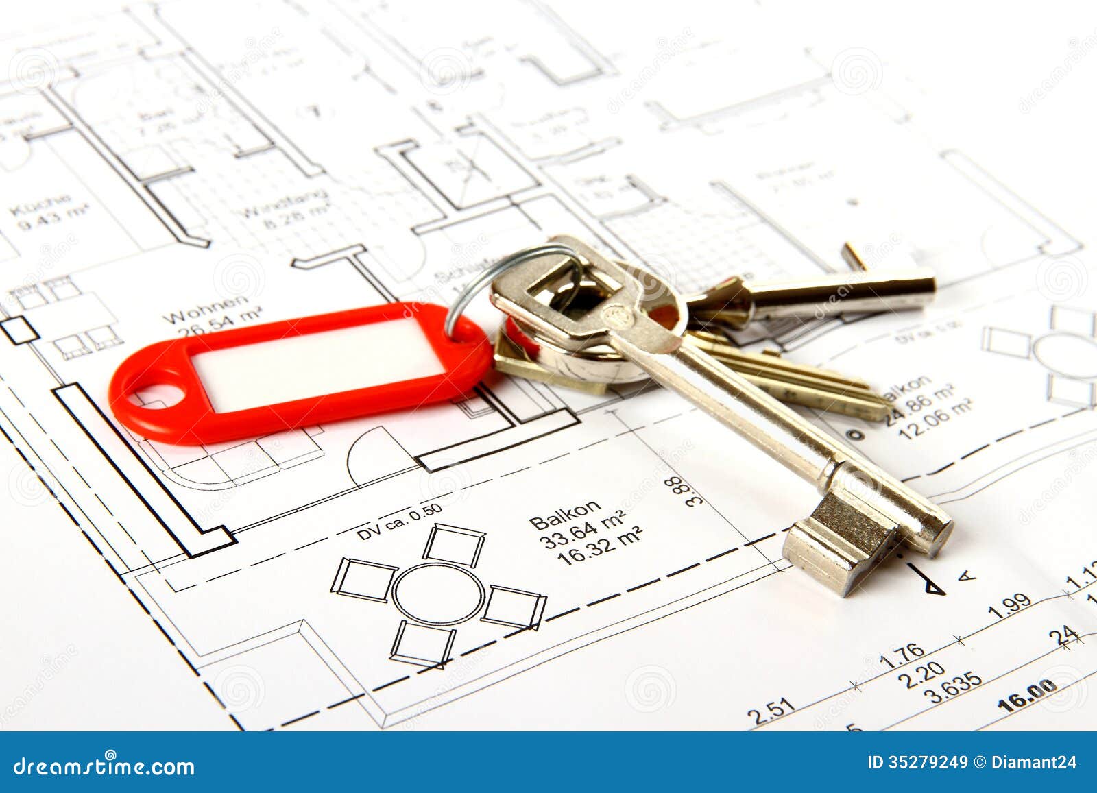 Bunch of Keys with Red Keychains at Building Drawing Stock Image ...